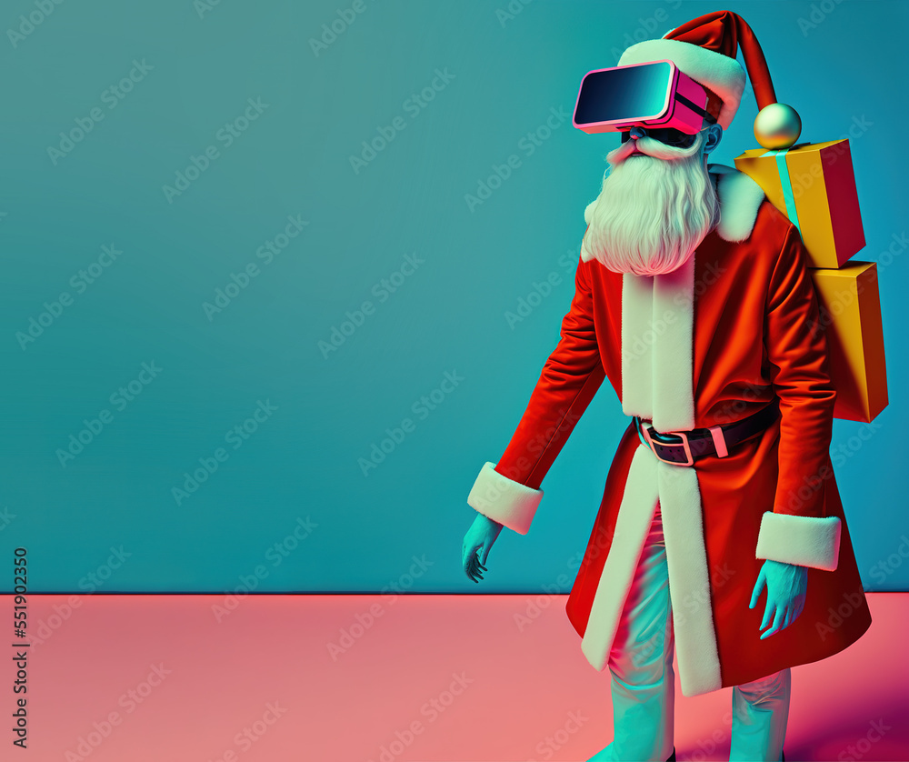 Cyber futuristic modern Santa in red suit with VR glasses. Virtual ...