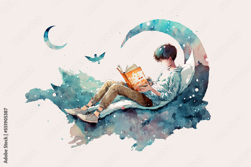 a boy lean on crescent moon while reading book ,fantasy dreamy ...