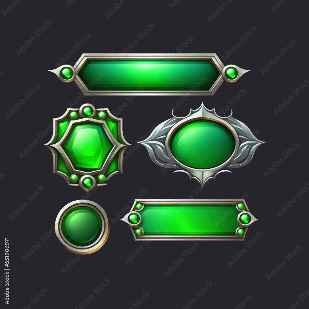 Silver buttons with fantasy frames in medieval style and green gems for rpg game ui design. A ...