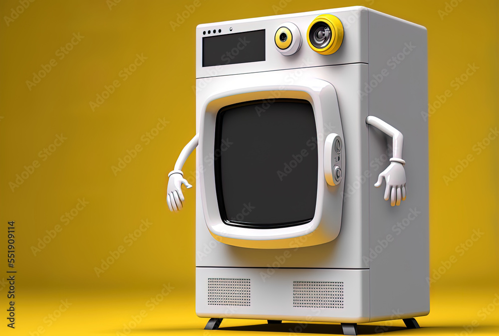 Modern white washing machine figure mascot on a yellow backdrop, with a ...