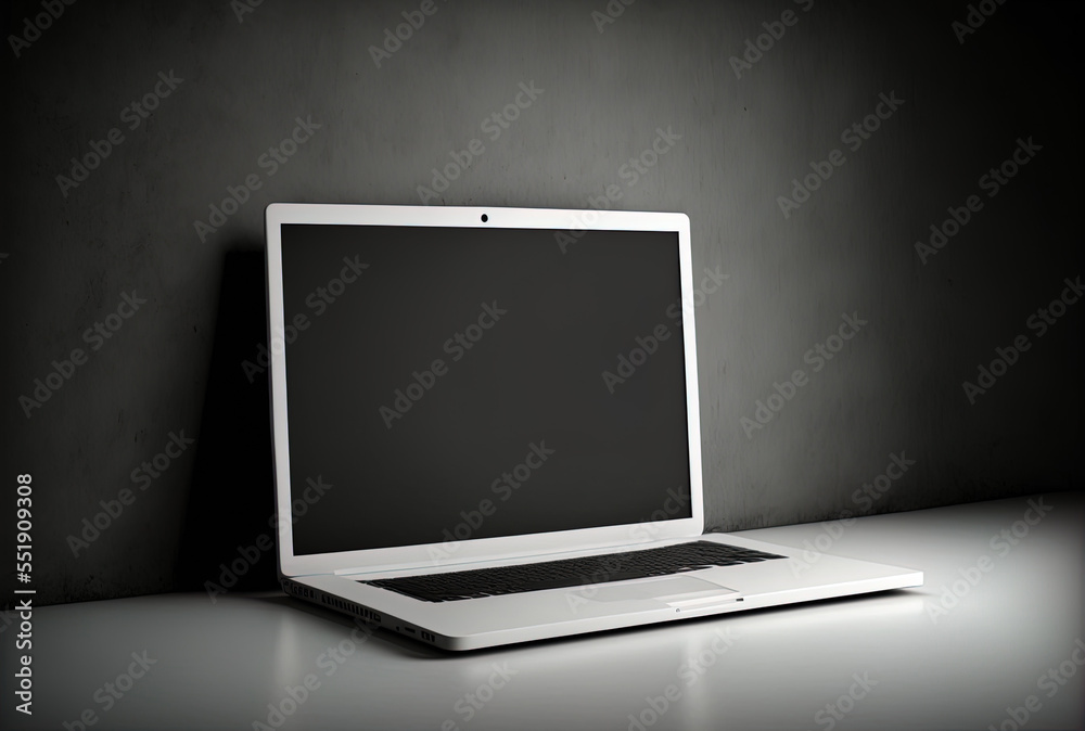 Note on black wall behind laptop with white blank screen. Generative AI ...
