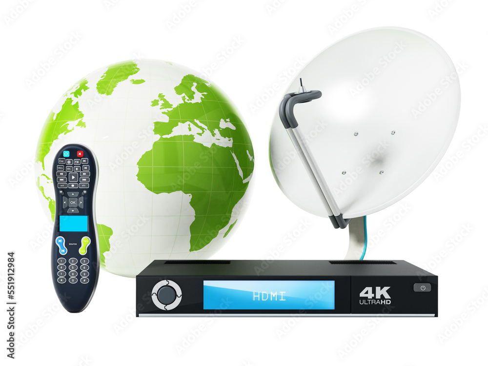 Dish, 4K ultra HD receiver, remote controller with globe on transparent ...