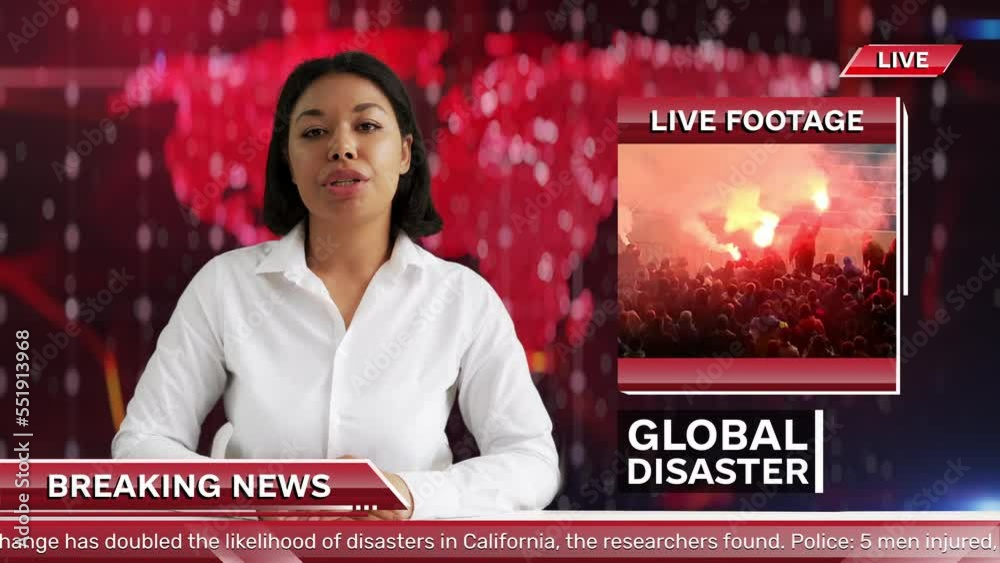 Global disaster breaking news background, female TV anchor presenting ...