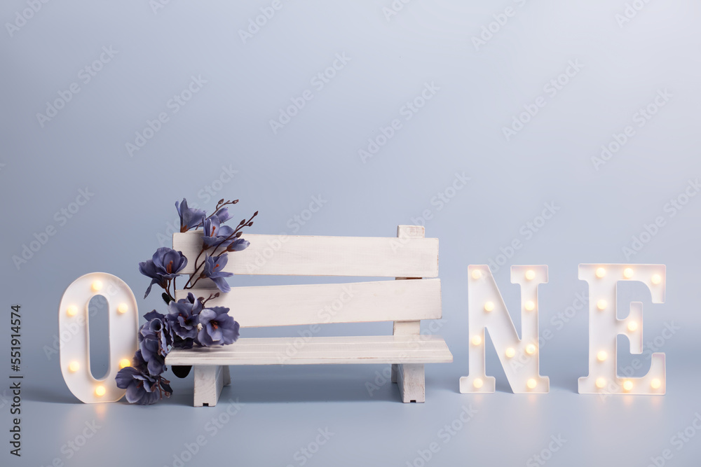 Celebratory background design for birthday a white bench with blue ...