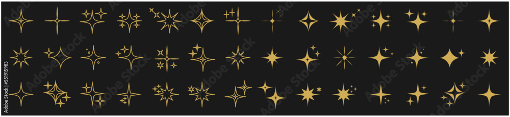 Collection of different gold sparkles icons isolated on a dark ...
