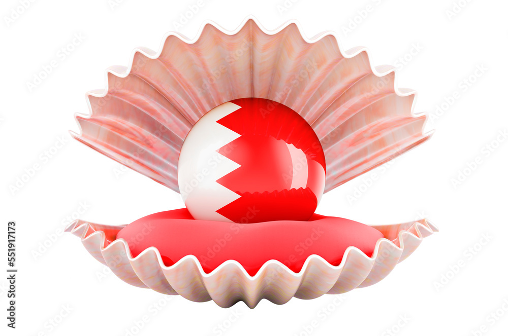 Travel in Bahrain, concept. Pearl with Bahraini flag inside seashell ...