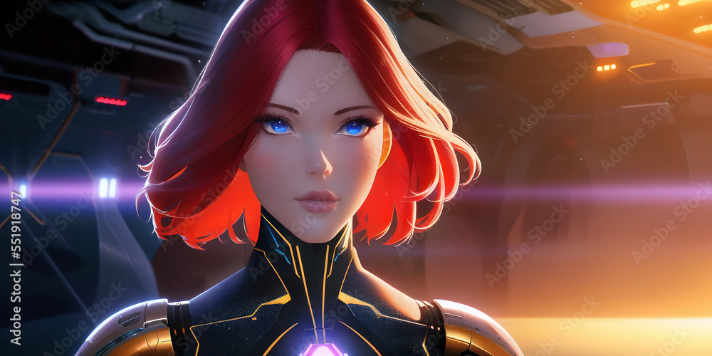 Epic portrait of a brave girl with red hair in sci-fi armor standing in ...