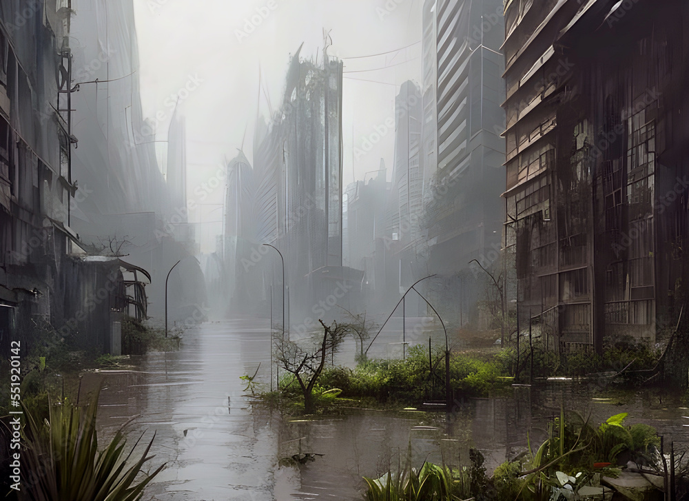 Abandoned futuristic city flooded and overgrown with tropical ...