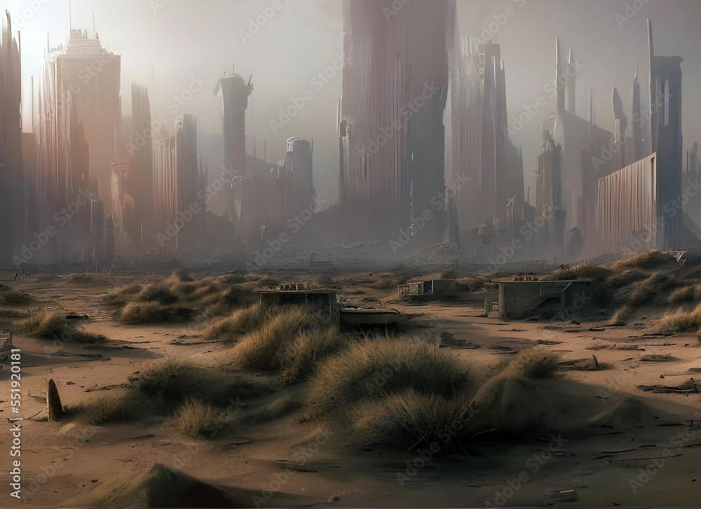 Abandoned modern city overtaken by the desert, climate change concept ...