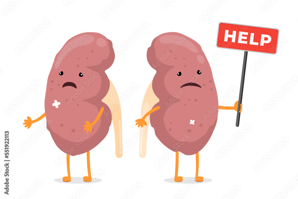 Cartoon sad suffering sick kidney characters. Unhealthy damage ...