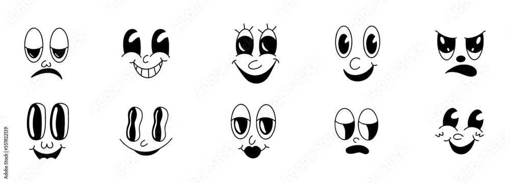 Retro 30s cartoon and comics characters faces. Traditional emotions ...