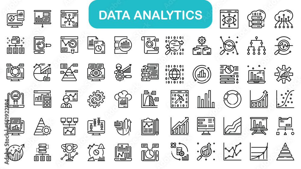 Big data analysis thin line icon set. Growth, Data processing outline ...