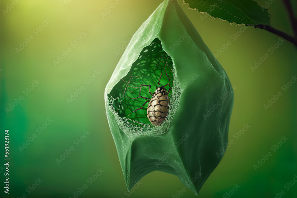 Image shows an insect in its cocoon, surrounded by spider webs, on a ...