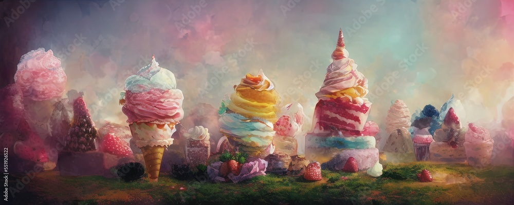 Fantasy colorful sweet magical landscape of ice cream. AI generated art ...