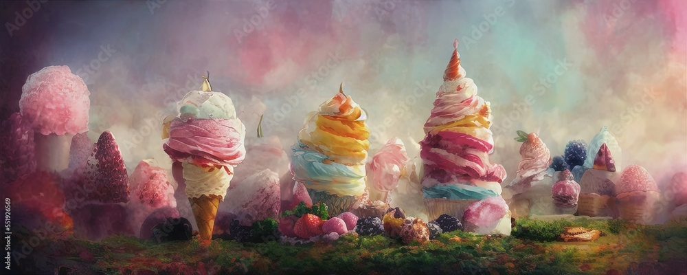 Fantasy colorful sweet magical landscape of ice cream. AI generated art ...