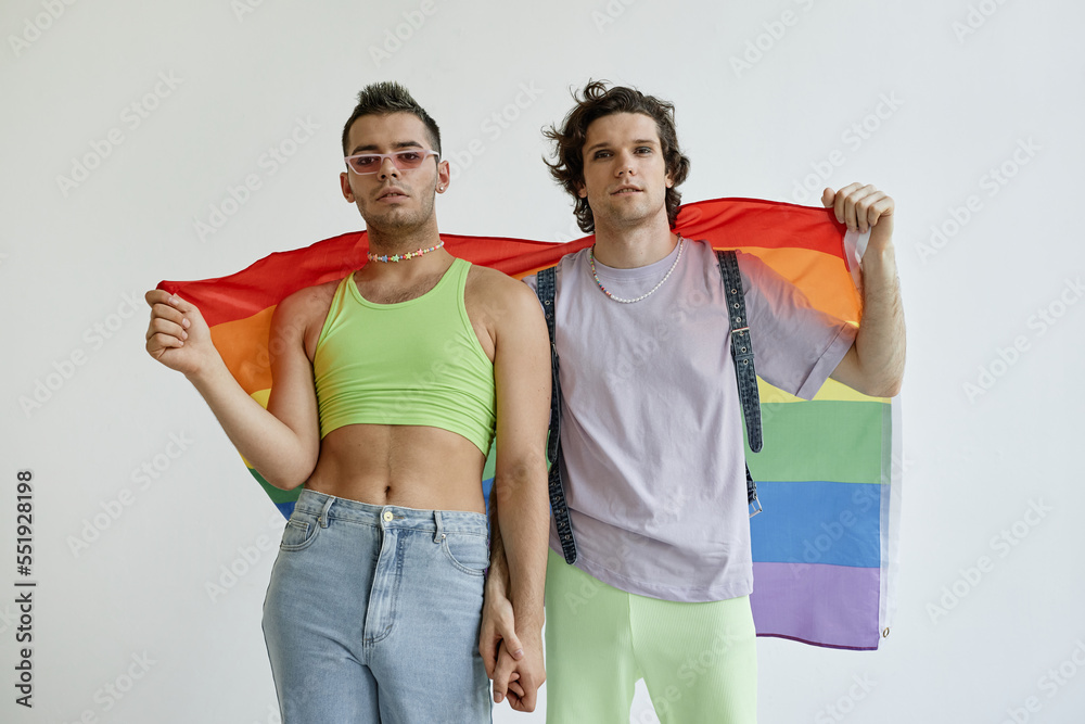 Portrait of two gay young men holding hands with pride flag against ...