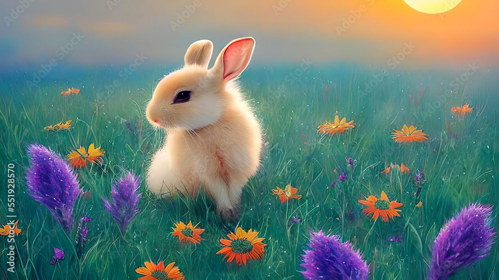 Cute little bunny rabbit in a field of flowers. Background illustration ...