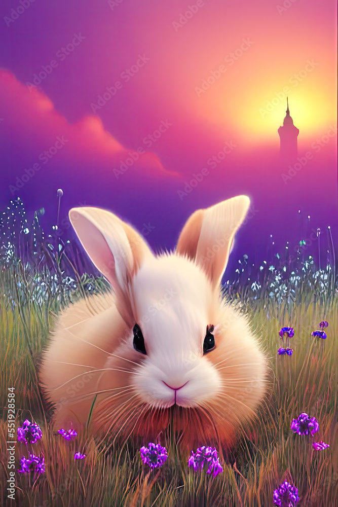 Cute little bunny rabbit in a field of flowers. Background illustration ...