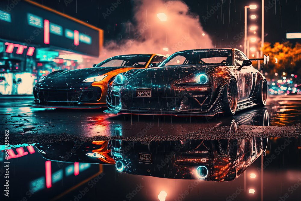 sports cars racing in the night digital art Stock Illustration | Adobe ...