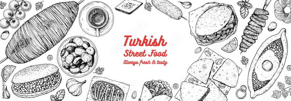 Turkish food top view vector illustration. Food menu design template ...