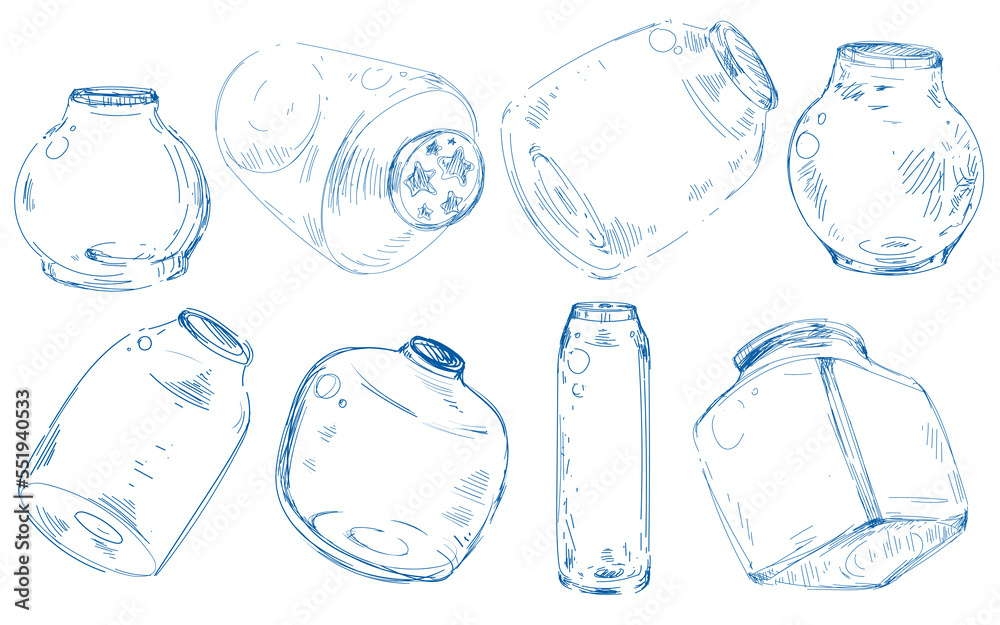 A set of sketch jars at different angles on a white isolate. Glass ...