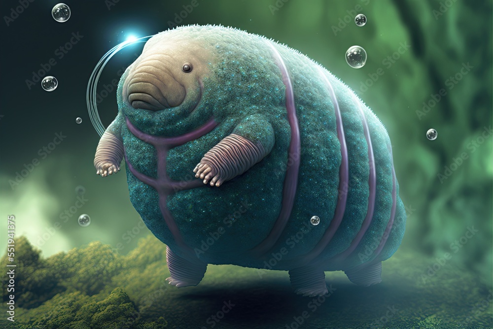 3D cartoon rendering at microscope, of funny Tardigrade, or Water Bear ...