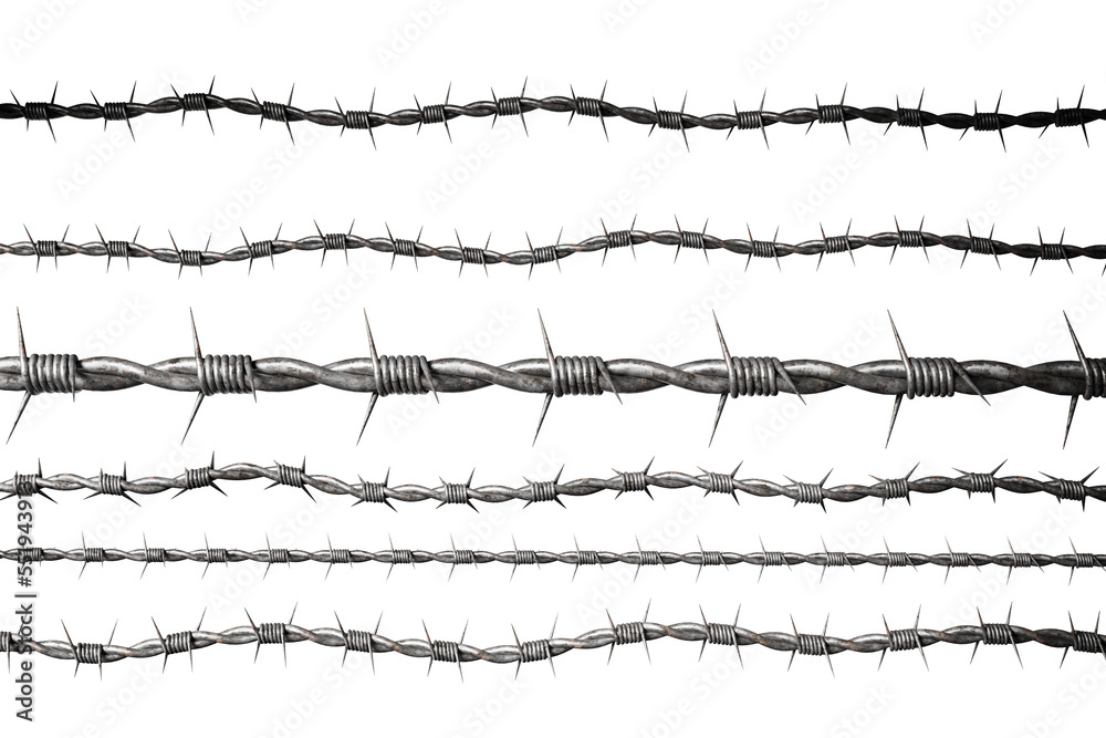 Steel barbed wire. Barbed wire lines on white. Cable with spikes to ...