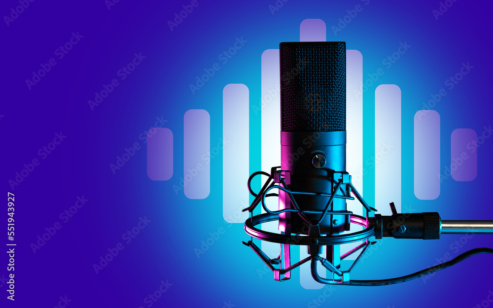 Professional studio microphone close up. Condenser microphone on blue ...