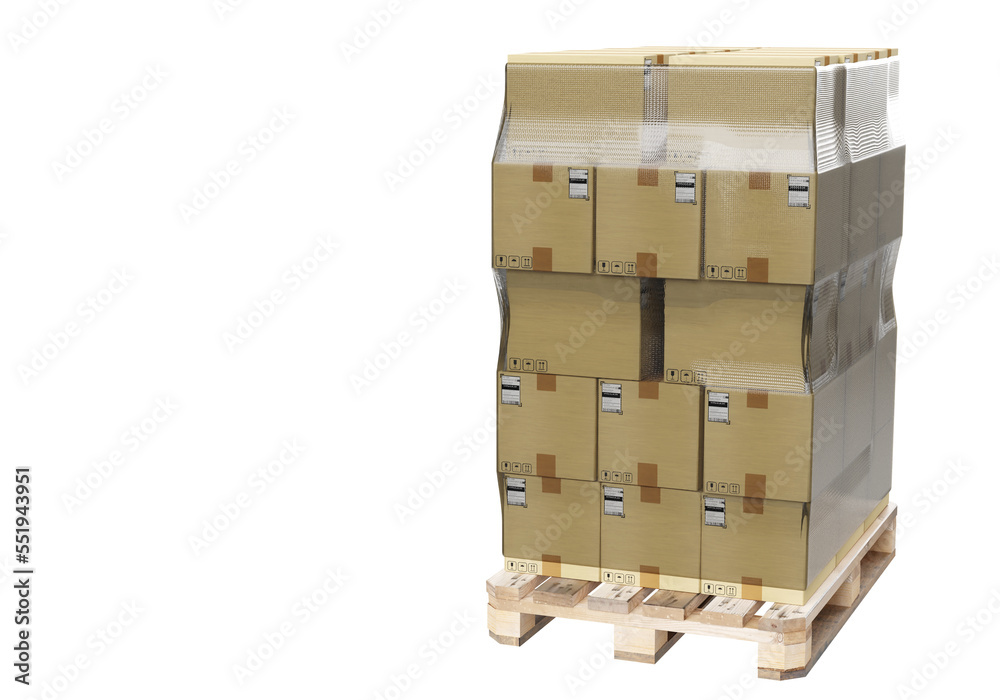 Pallet with boxes. Wooden pallet with parcels isolated on white. Copy ...