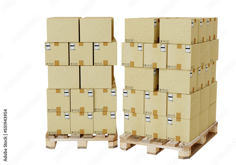 Pallets with parcels from courier company. Boxes with stickers for ...
