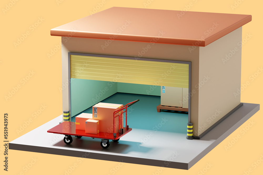 Warehouse building. Building exterior for storage boxes. Trolley with ...