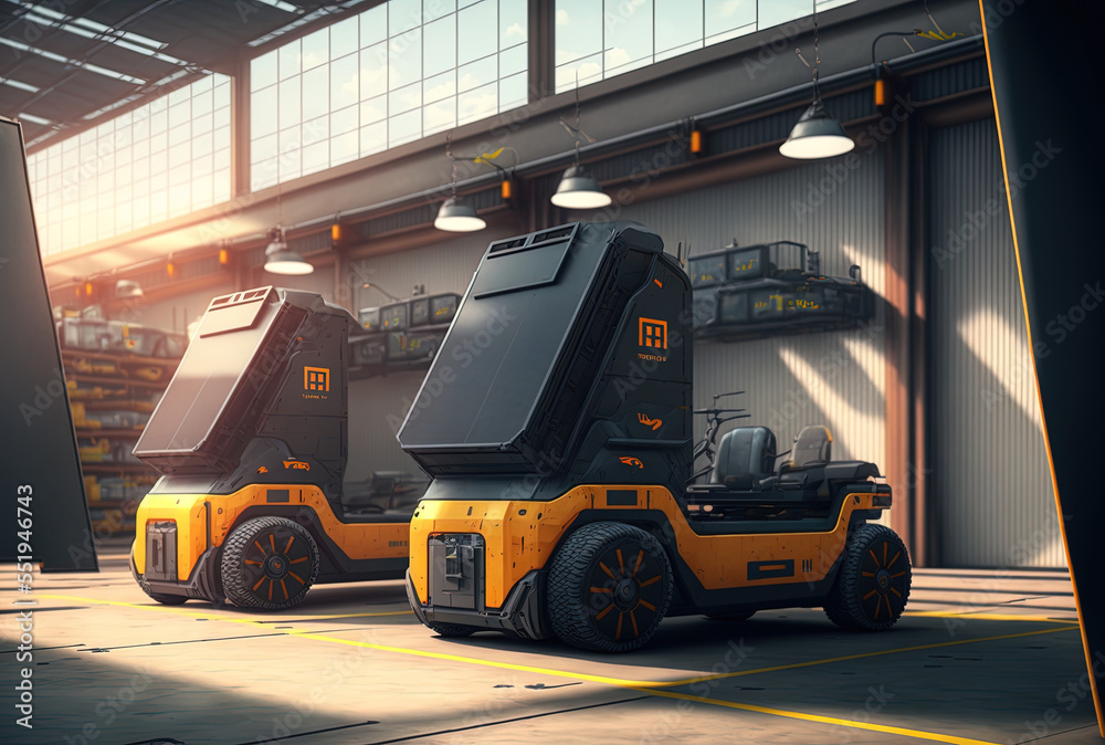 In futuristic hangars with solar panels, two autonomous forklifts are unloading electric and ...