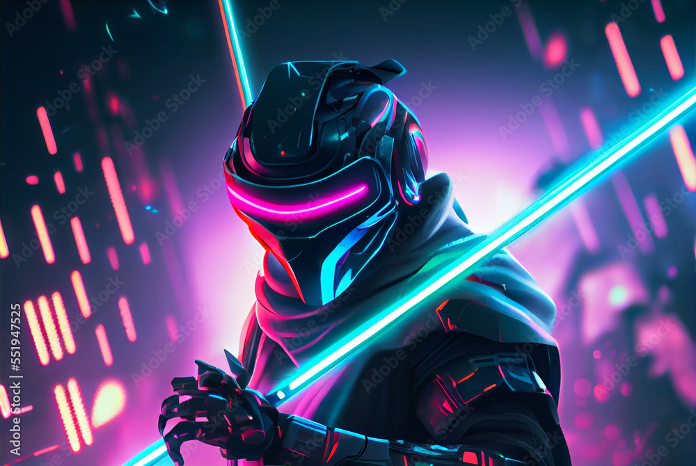 Cyborg ninja is preparing to attack using a neon sword with cyberpunk ...