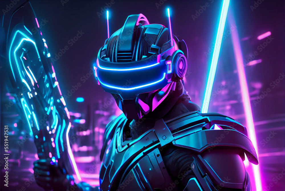ภาพประกอบสต็อก Cyborg ninja is preparing to attack using a neon sword ...