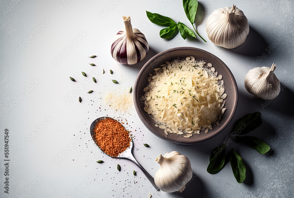 Grated garlic in a little quantity in a bowl, white backdrop, copy ...