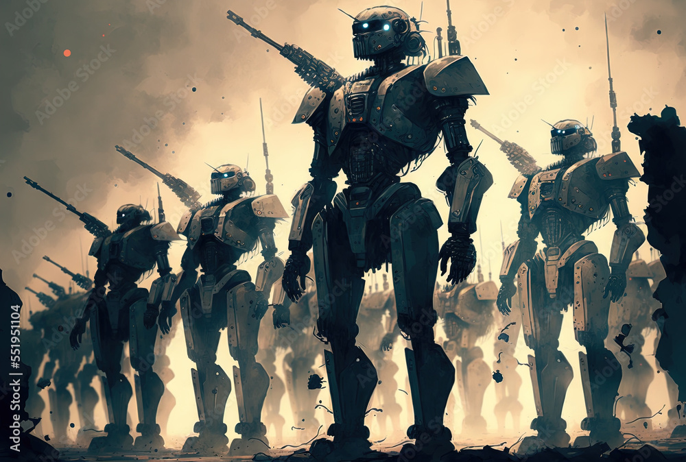 Army of robots digital drawing futuristic technology concept ...