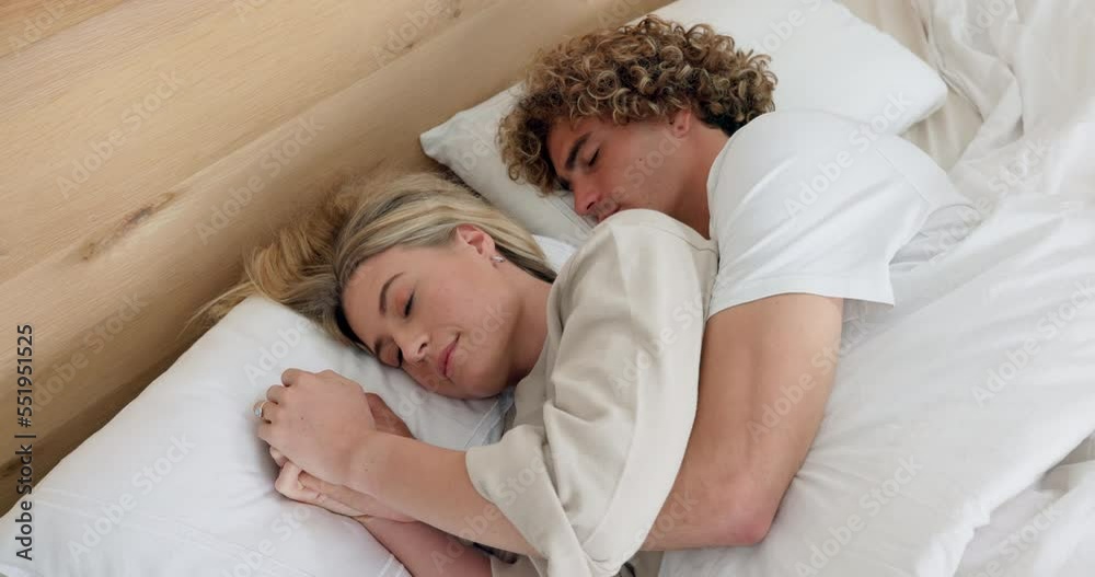 Couple sleeping together in bed with love, peace and calm, romantic ...