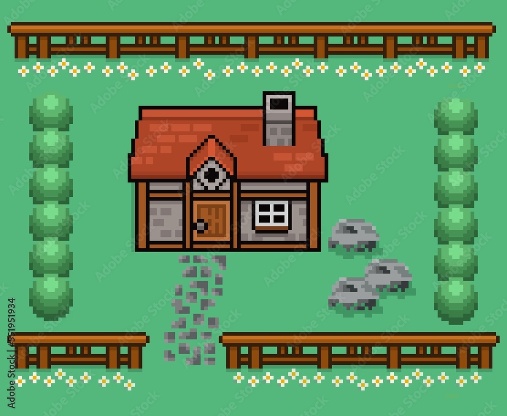 Pixelart scenery of village, old house, farmhouse, flowers, fencing and ...