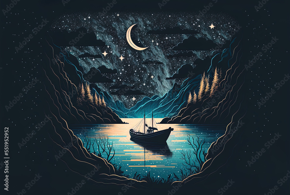 Illustration of an abstract nighttime dream environment with a starry ...