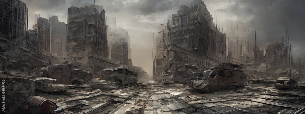 Post-apocalyptic ruins of a devastated major city at ground level ...