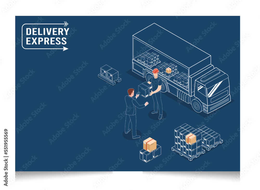 3D isometric Smart logistics concept with worker scanning barcode on ...