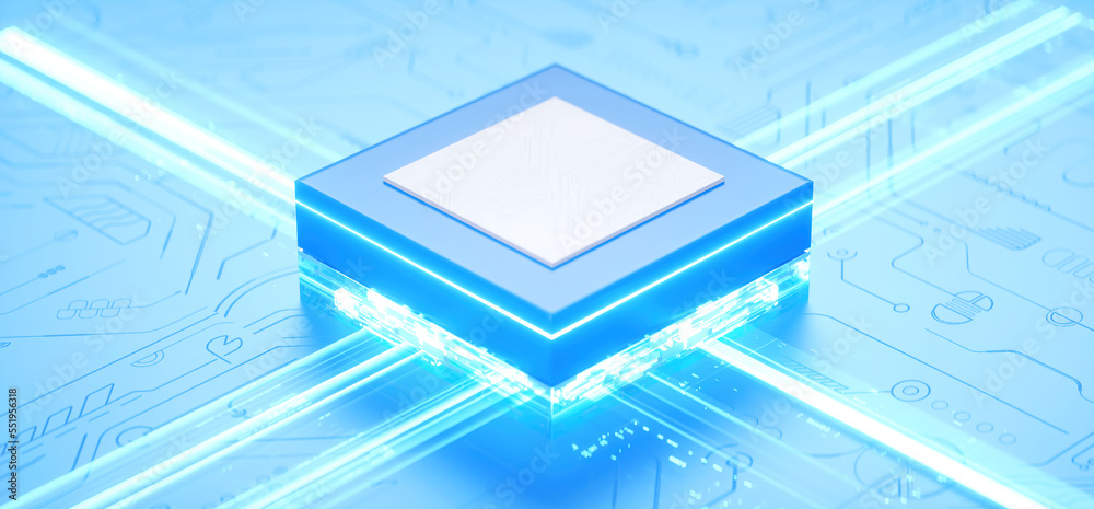 3D rendering of cyberpunk AI. Circuit board. Technology background ...