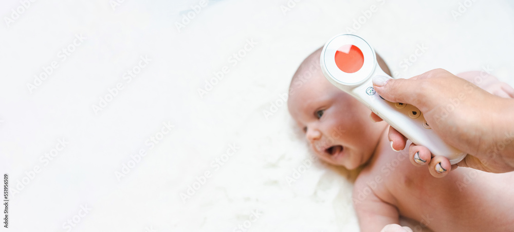 Thermometer baby fever child banner. Doctor check cold flu baby ...