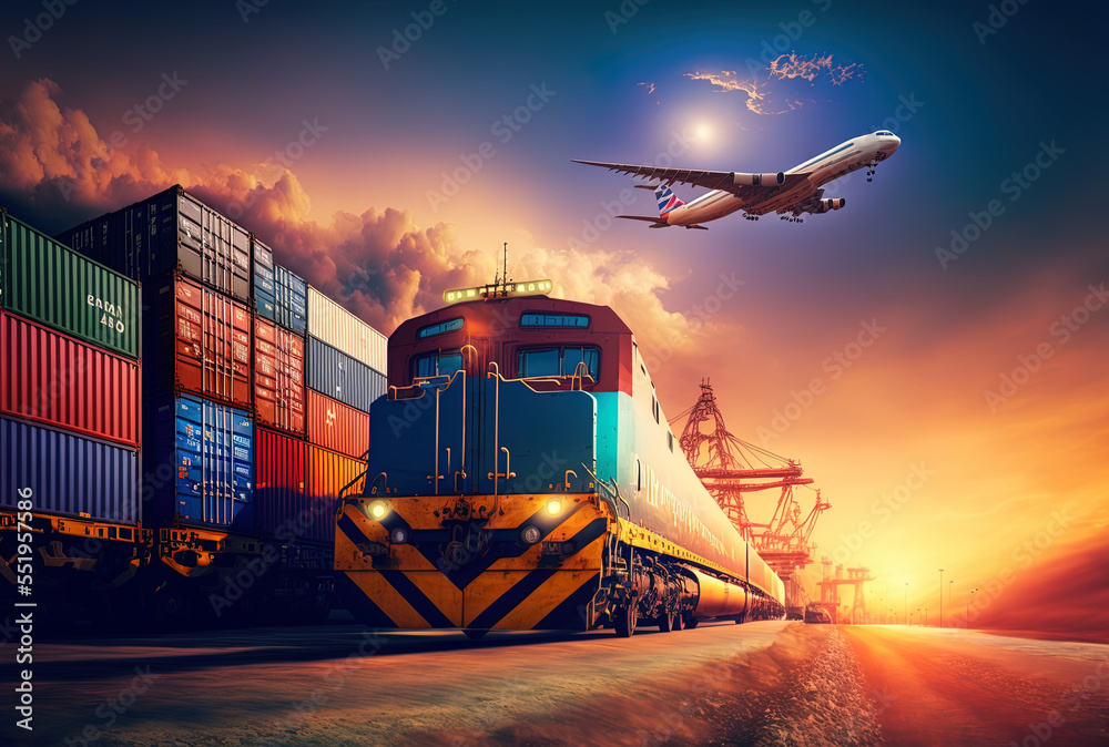 Business logistics concept, air cargo trucking, marine shipping, on ...