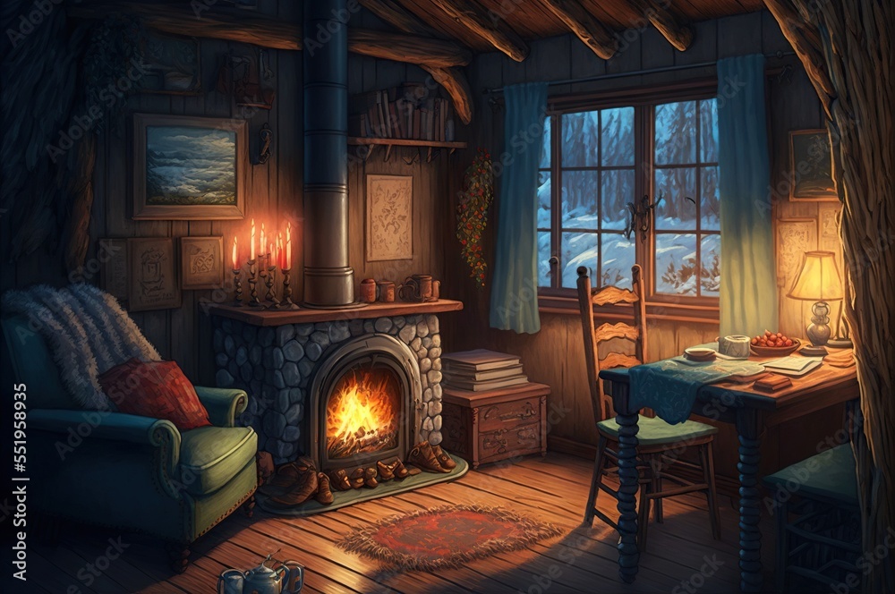interior of a fantasy winter cabin with fireplace, warm and cozy ... interior of a fantasy winter cabin with fireplace, warm and cozy ...