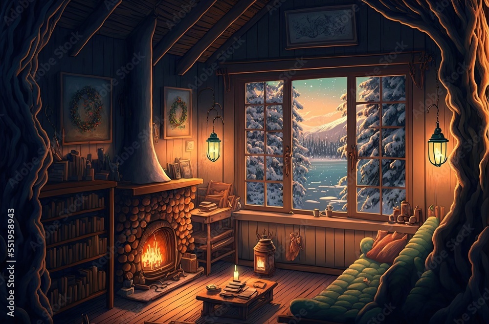interior of a fantasy winter cabin with fireplace, warm and cozy ... interior of a fantasy winter cabin with fireplace, warm and cozy ...
