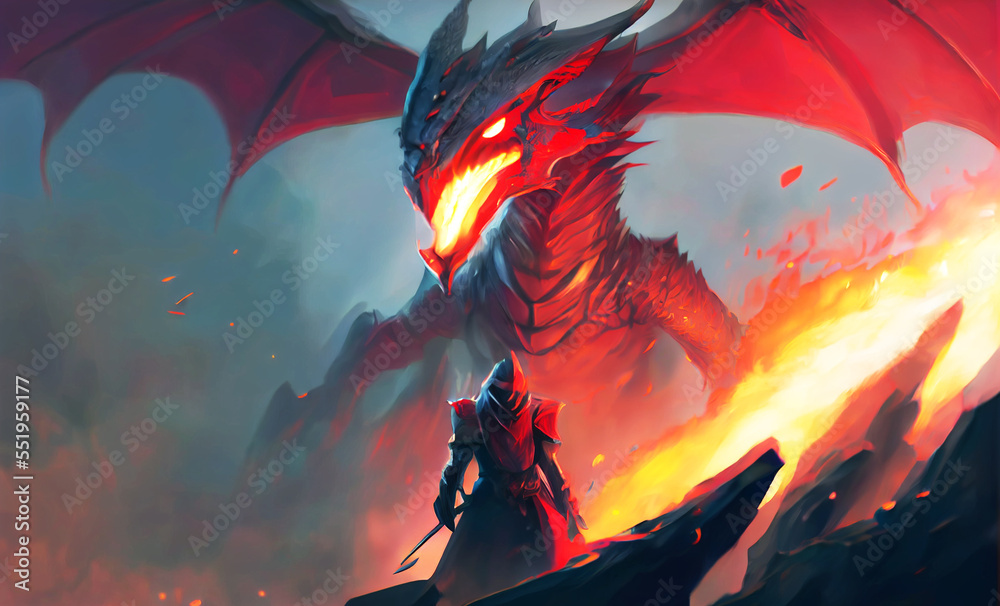 Fire Dragon with Knight army fantasy red dragon illustration, Fire ...
