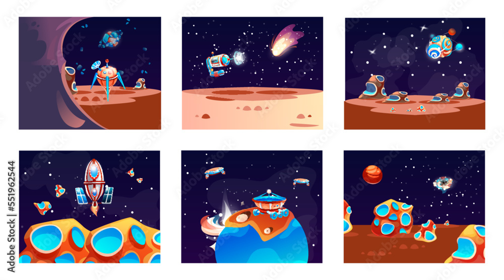 Space planet landscape set, cosmic game background with spaceship ...