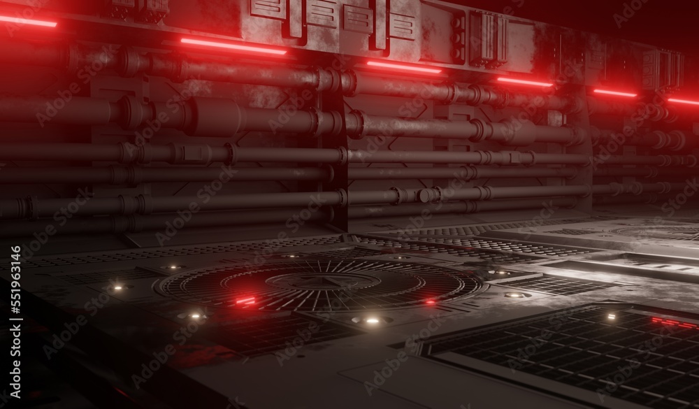 Corridor metal grate with pipe metal in control room in dark scene 3D ...