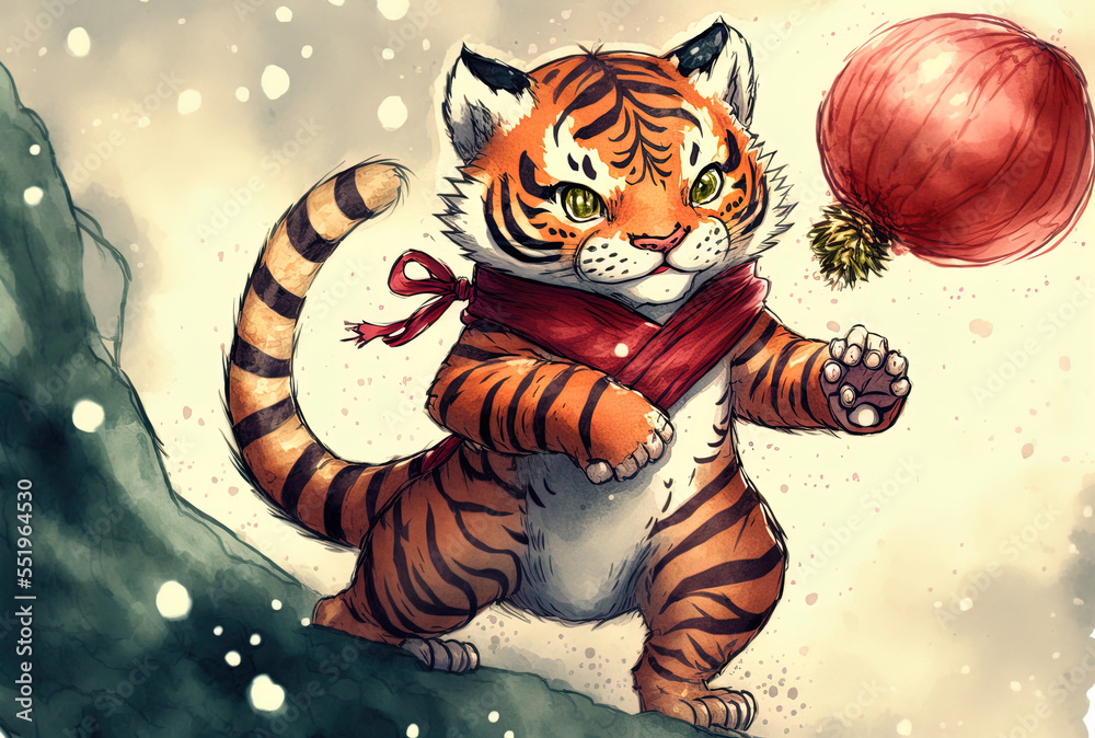 cartoon watercolor painting The chinese new year's Christmas emblem is ...